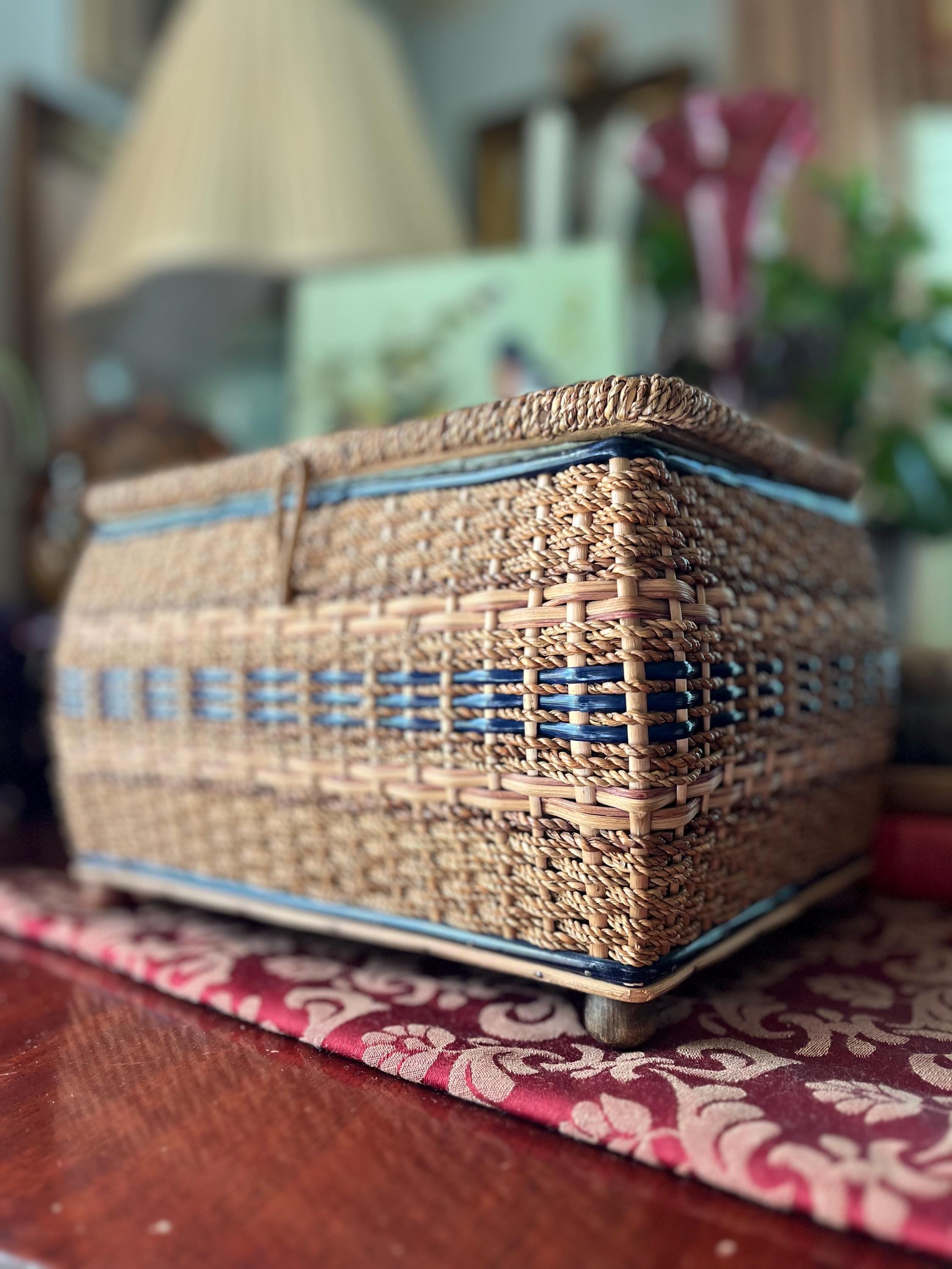 Antique Wicker Sewing Basket, Lined in Blue Silk With Tufted Lid - Etsy