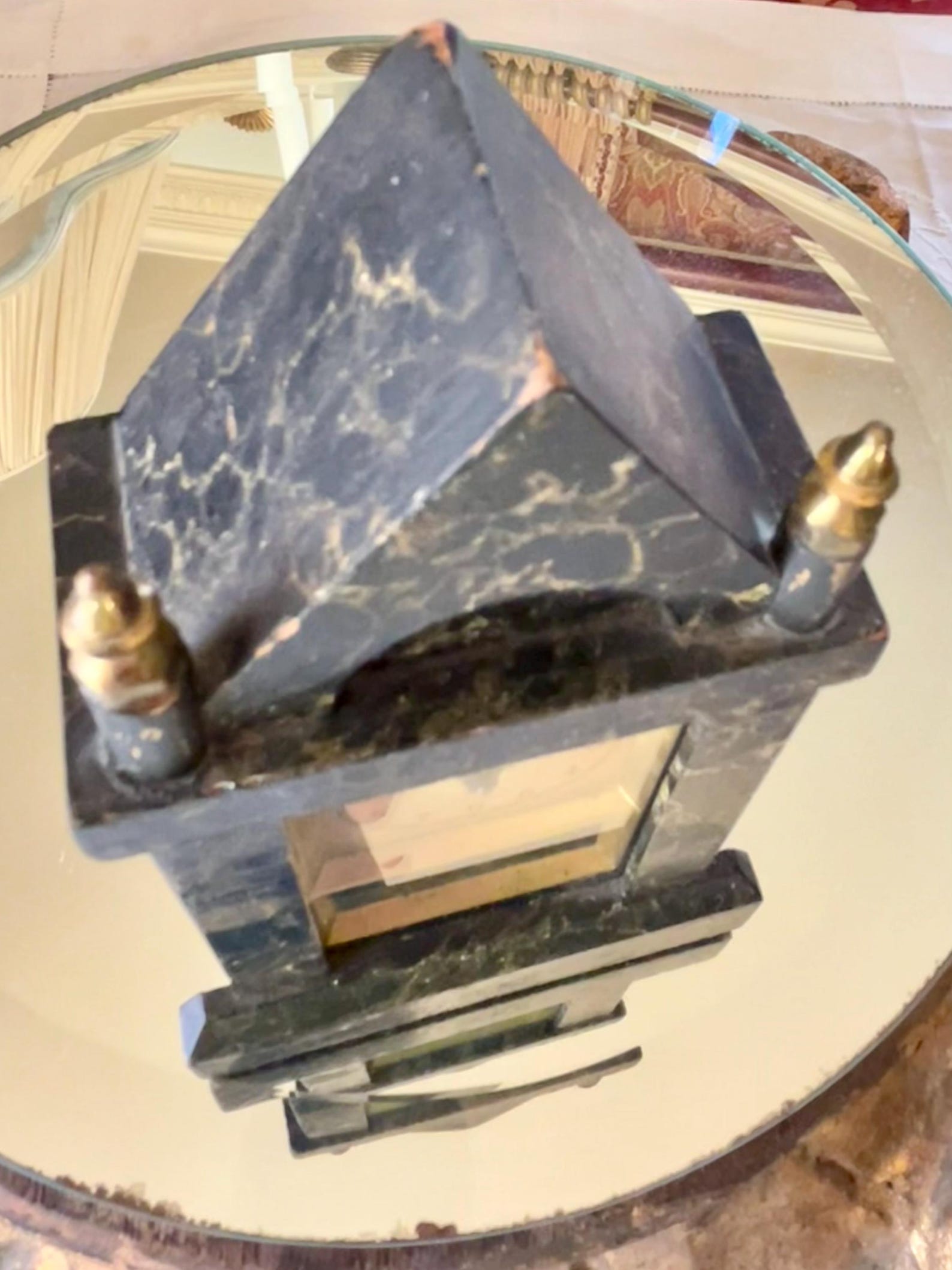 Antique Steeple Clock, Miniature Handpainted Black Marbleized Wood With ...