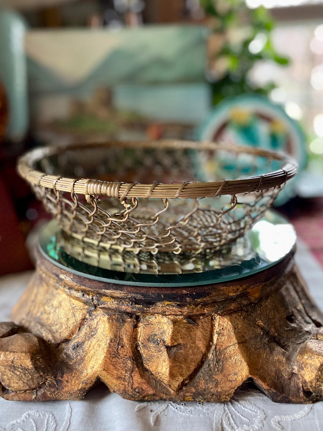 Antique Brass Oval Woven Basket Heavy Chain Link Handmade Solid Brass ...