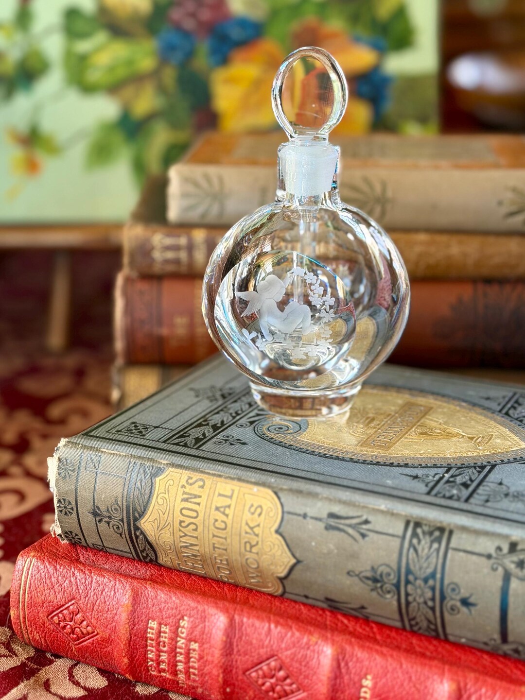 Vintage Crystal Perfume Bottle With Dauber, French Style Etched Cherub ...