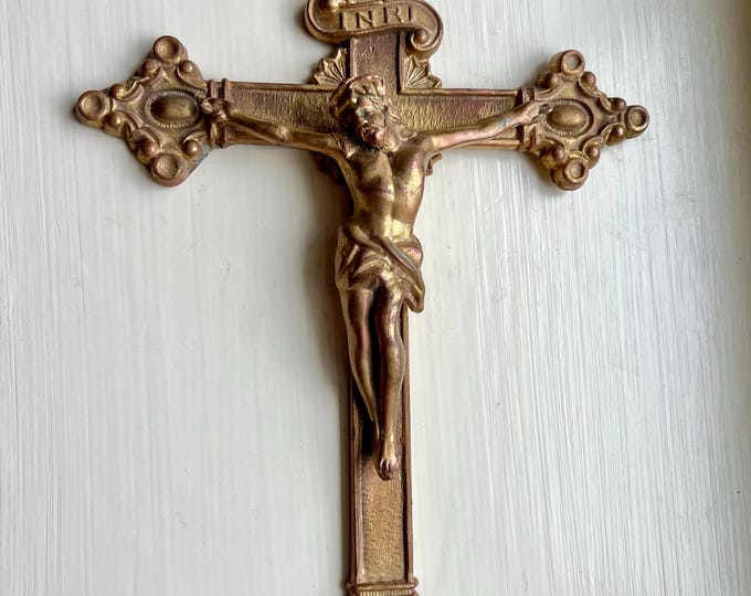Antique Victorian Gilded Brass Crucifix Jesus Christ on an Ornate Gilt ...