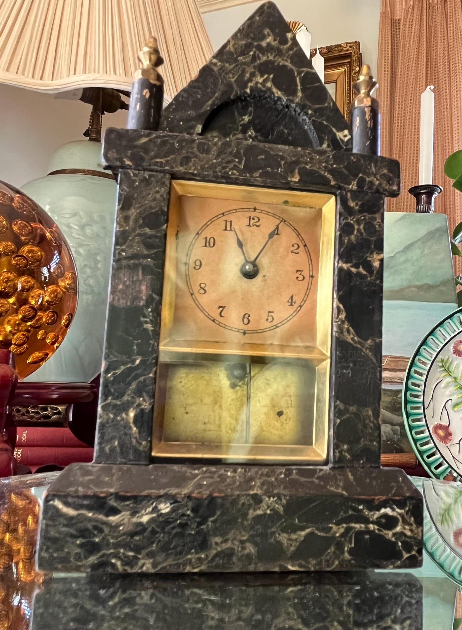 Antique Steeple Clock, Miniature Handpainted Black Marbleized Wood With ...