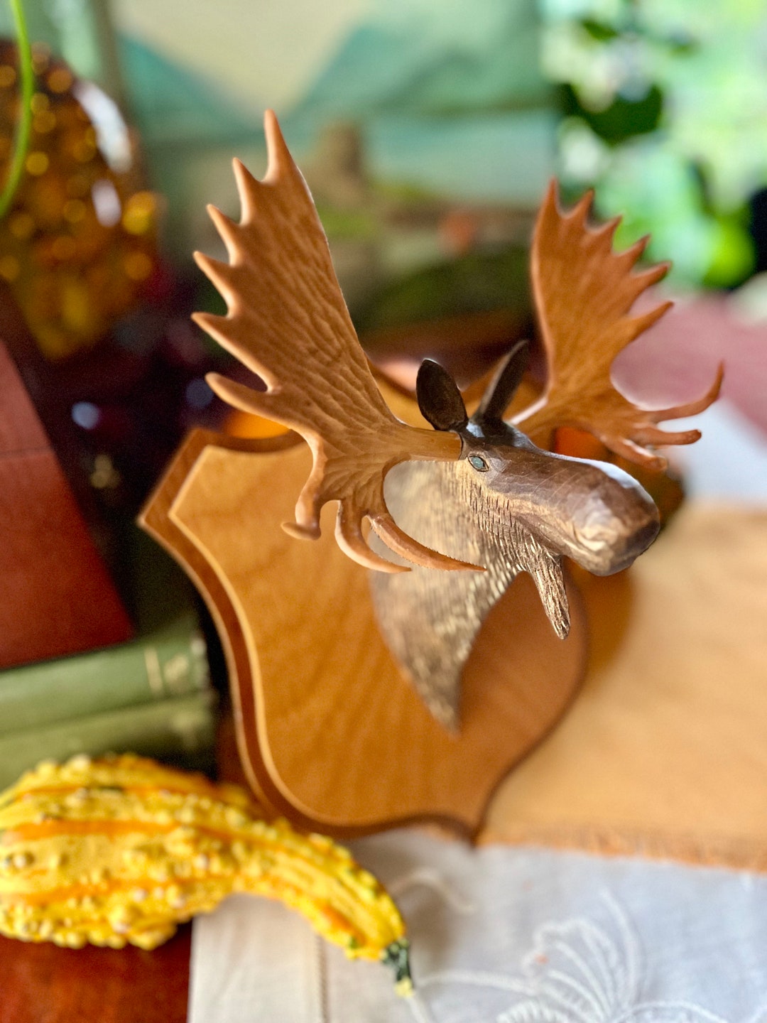 Vintage Hand Carved Wooden Moose Head, Wall Mount With Large Antlers ...