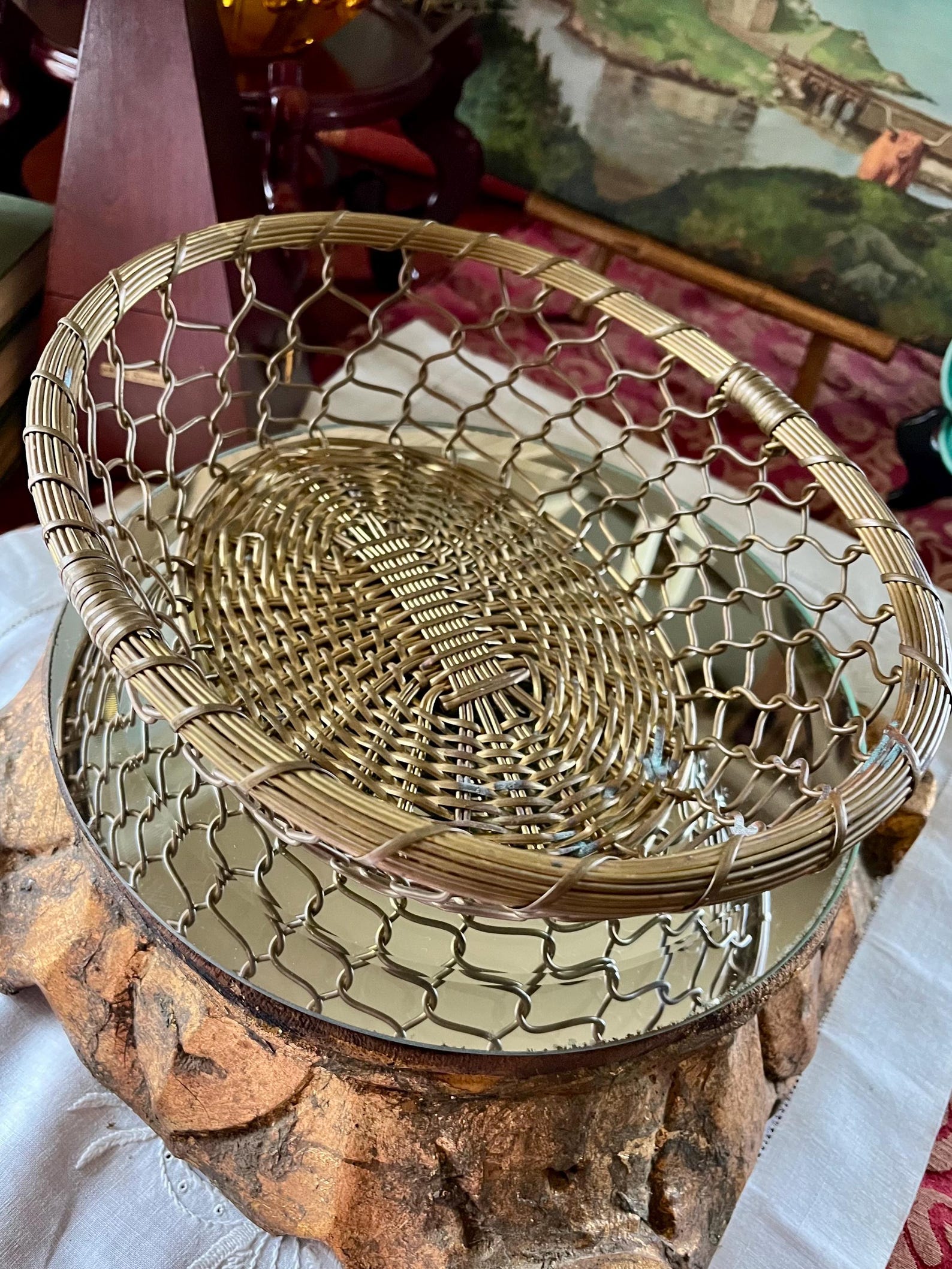 Antique Brass Oval Woven Basket Heavy Chain Link Handmade Solid Brass ...