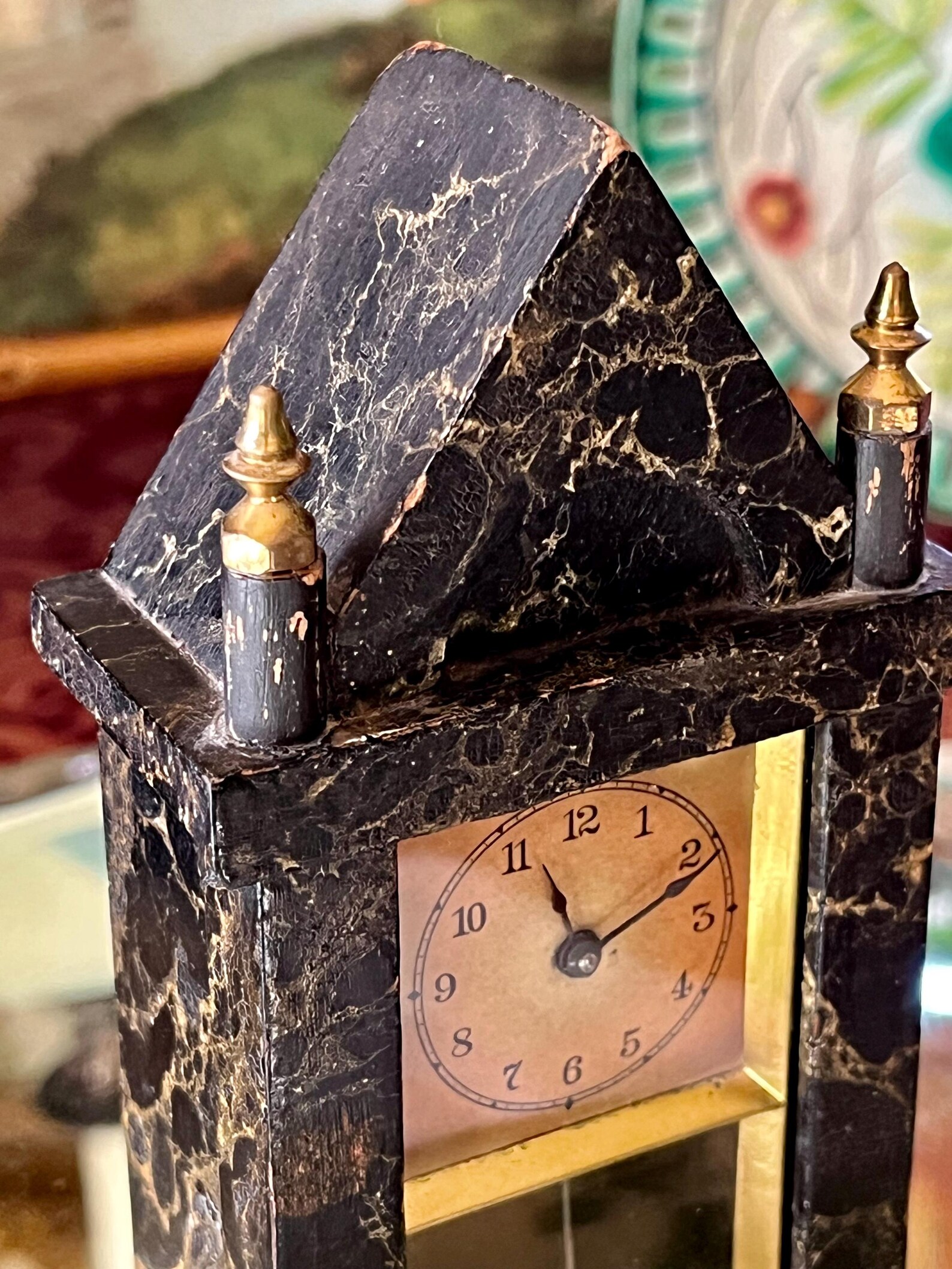 Antique Steeple Clock, Miniature Handpainted Black Marbleized Wood With ...