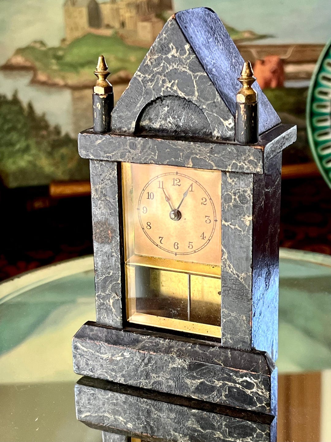Antique Steeple Clock, Miniature Handpainted Black Marbleized Wood With ...