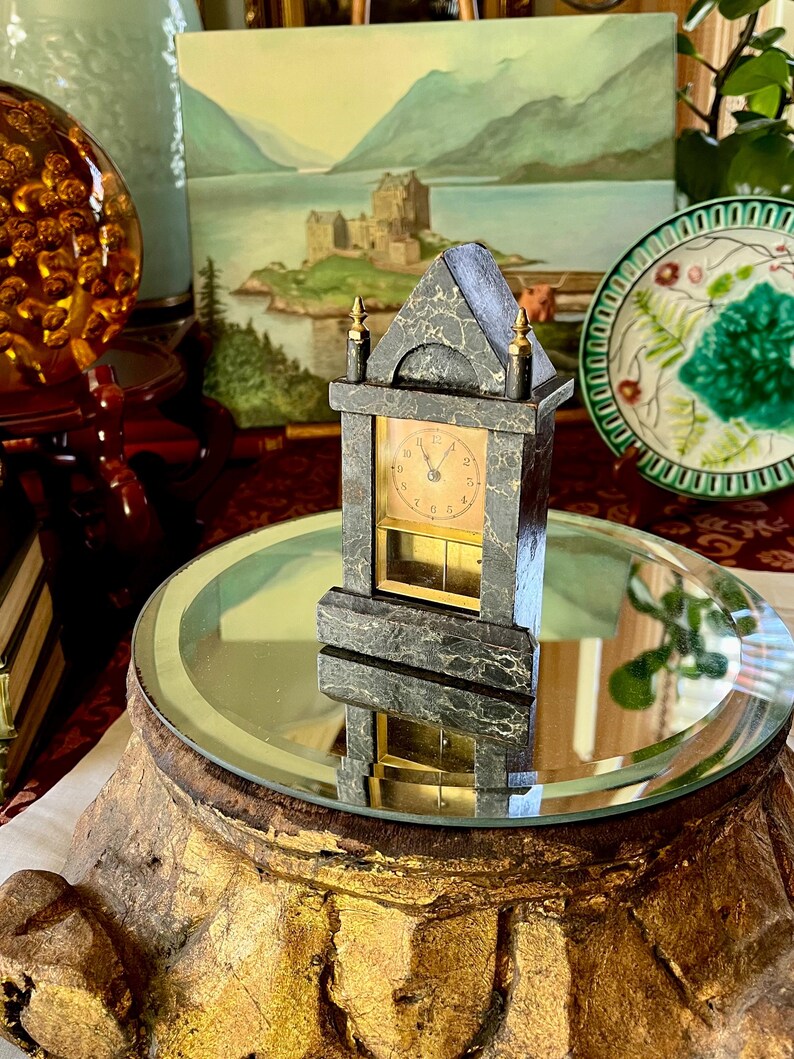 Antique Steeple Clock, Miniature Handpainted Black Marbleized Wood With ...