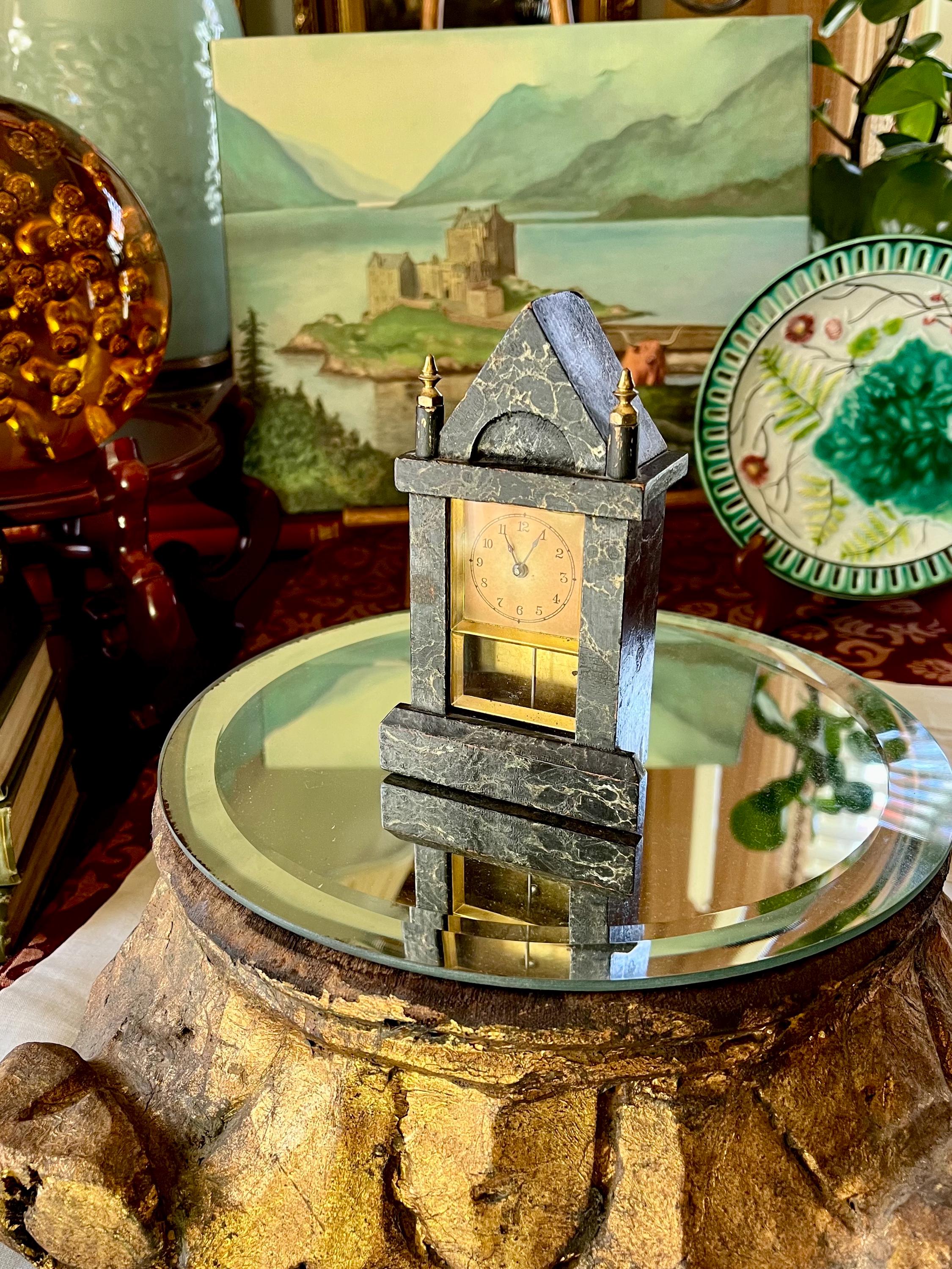 Antique Steeple Clock, Miniature Handpainted Black Marbleized Wood With ...