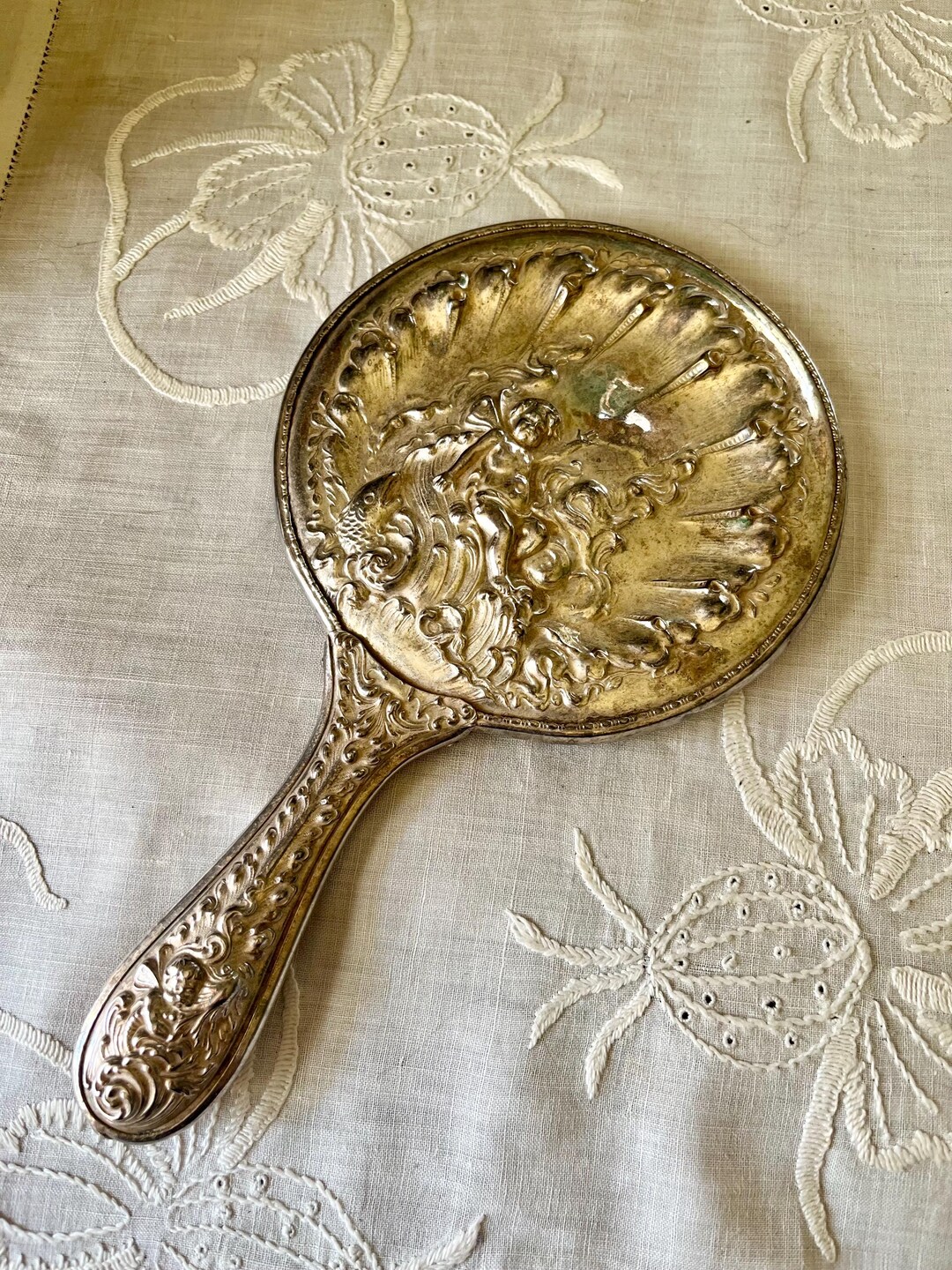 Antique Victorian Hand Held Vanity Mirror, Silver Repousse With Cherubs ...