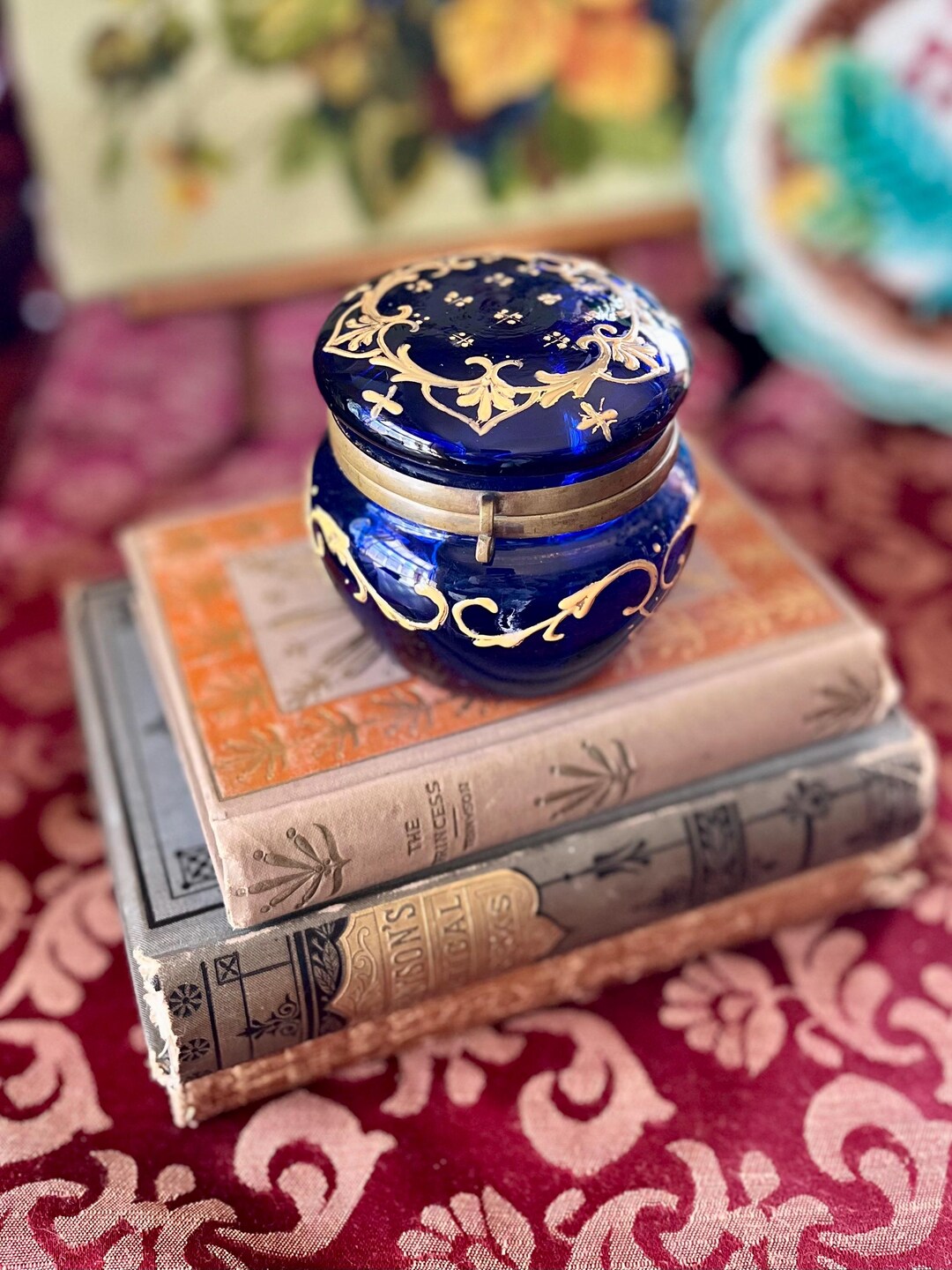 Antique Cobalt Blue Glass Dresser Box: Hand-painted Enamel, Victorian ...