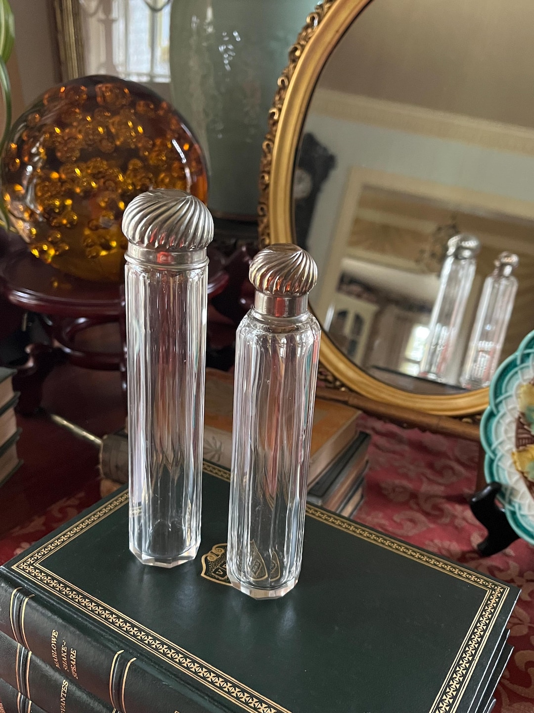 Antique Octagonal Perfume Bottles: Victorian Crystal With Silver Lids ...