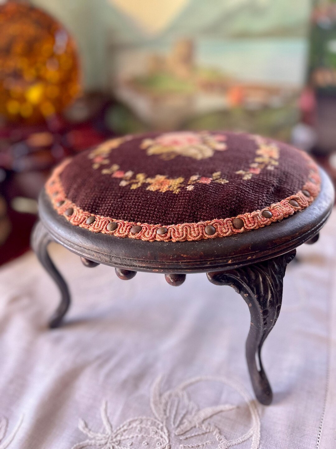 Antique Victorian Footstool With Floral Needlepoint Tuffet Ottoman With ...