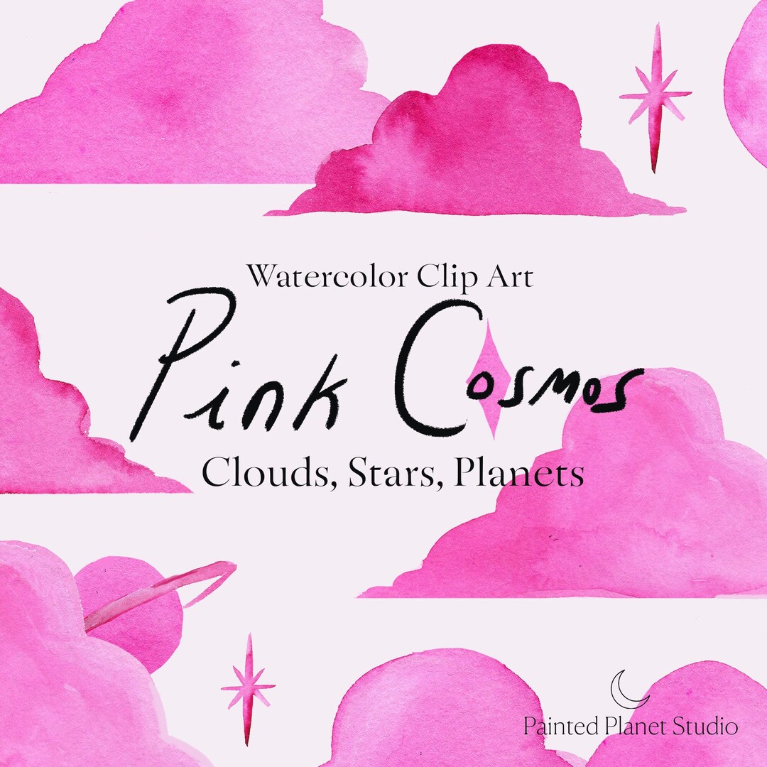 Watercolor Clip Art Pink Cosmos Space Theme With Clouds Planets Stars ...