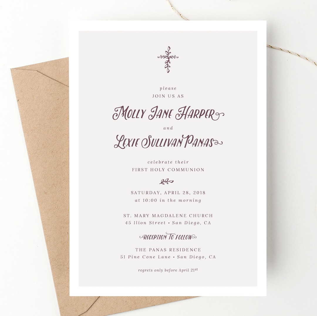 Sophisticated Cross First Holy Communion Invitation Joint Celebration ...