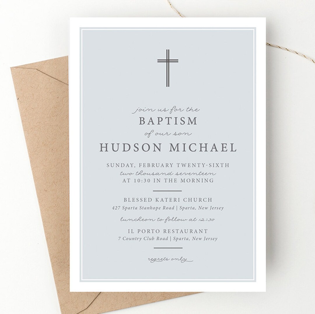 Classic Cross Baptism Invitation, Dedication Invite, Blue Christening ...