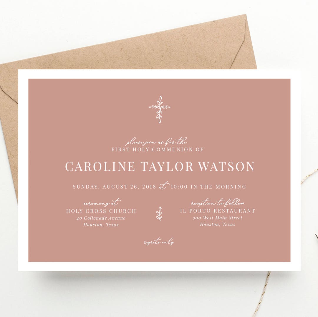 Modern Floral Cross First Holy Communion Invitation, Classic ...