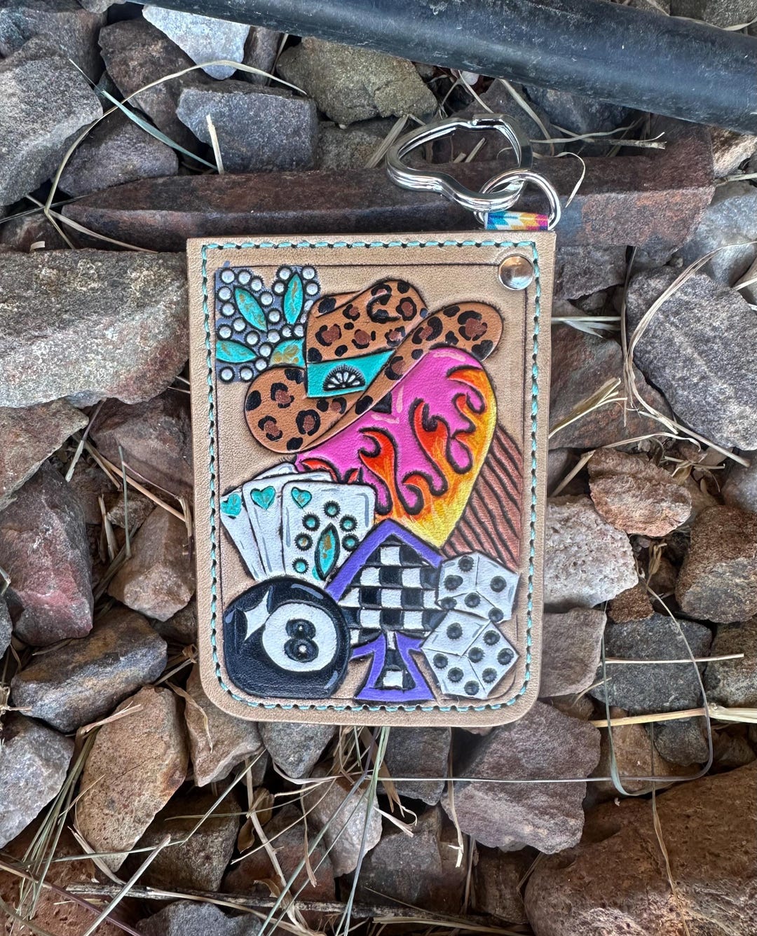 Western Tooled Leather 8 Ball, Leopard Print Cowboy Hat and Dice Card ...