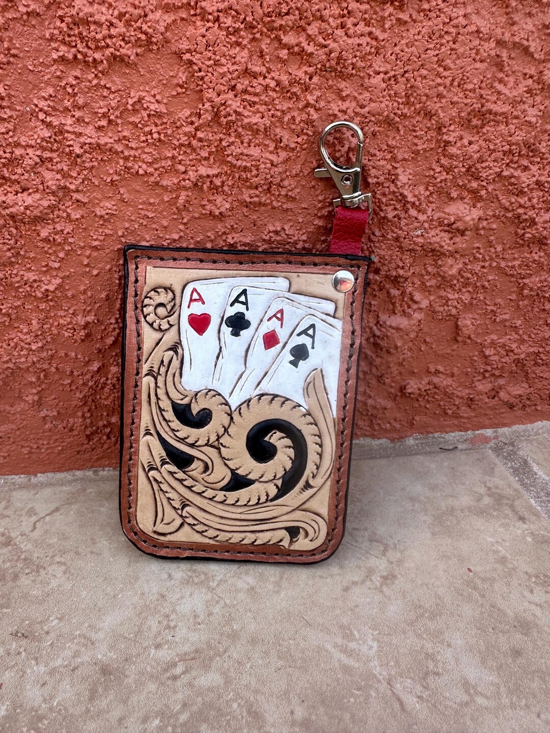 Western Tooled Leather Cards Suit Card Wallet Keychain - Etsy