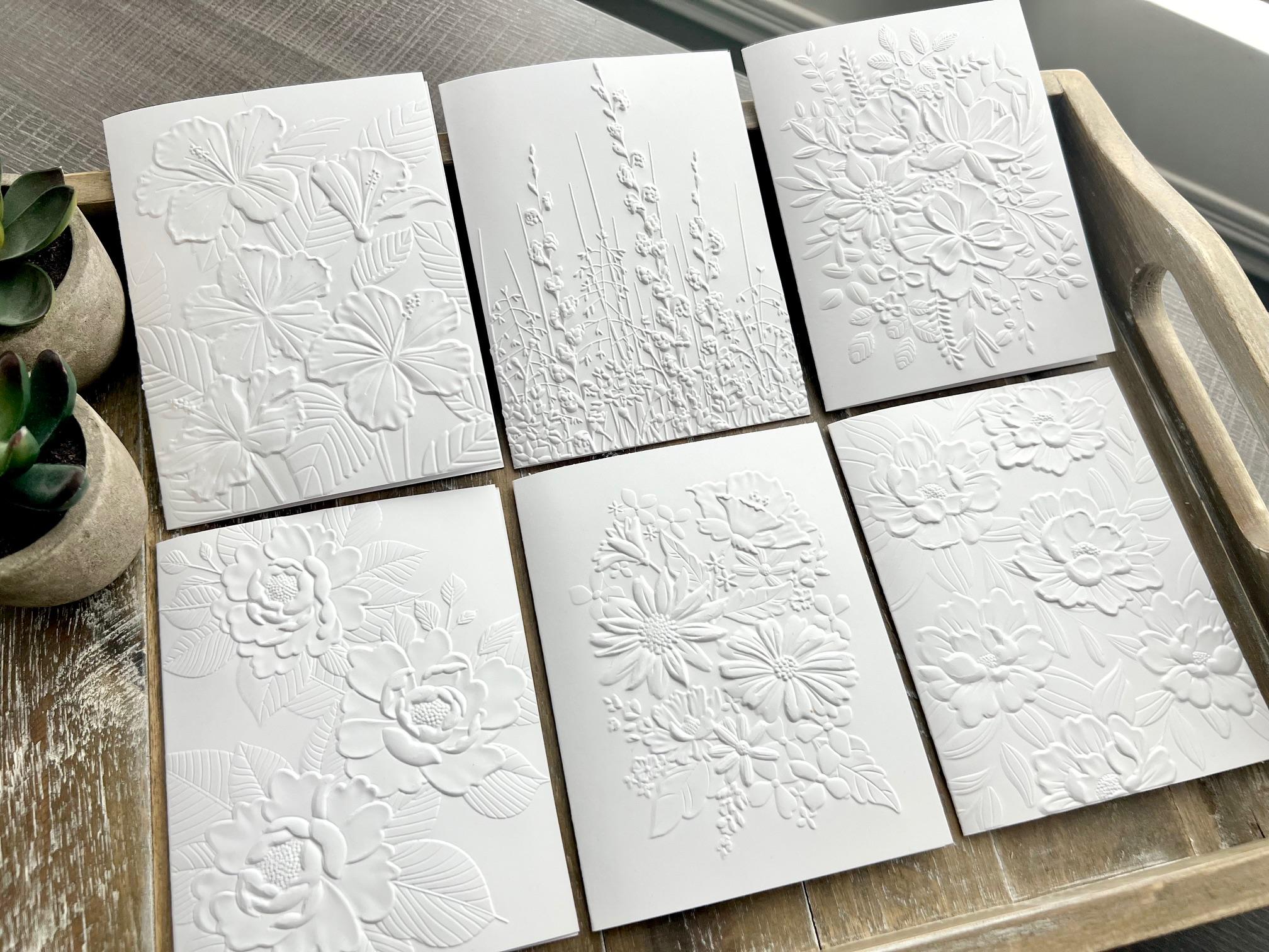 Embossed Floral Note Card Set: Heavy White Cardstock, Blank Inside ...