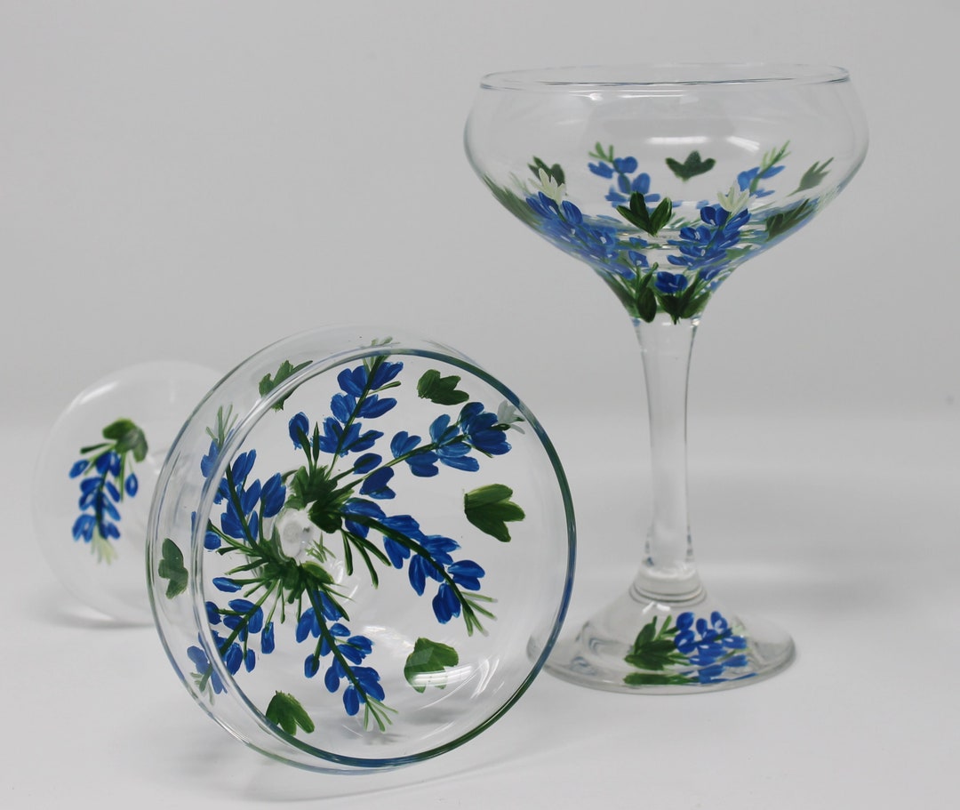 Hand Painted Cocktail Coupe Glasses - Bluebonnets (set of 2) - Etsy