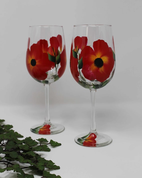Hand Painted Wine Glasses Red Poppy set of 2 - Etsy