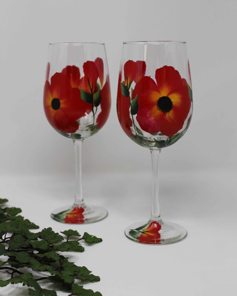 Hand Painted Wine Glasses - Red Poppy (set of 2) - Etsy