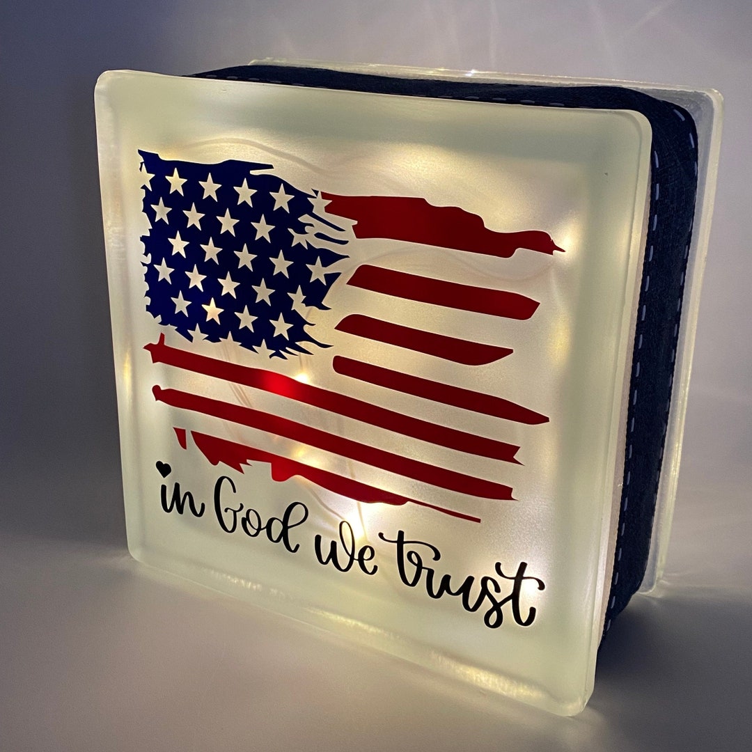 In God We Trust Lighted 6x6 Glass Block Night Light, American Flag ...