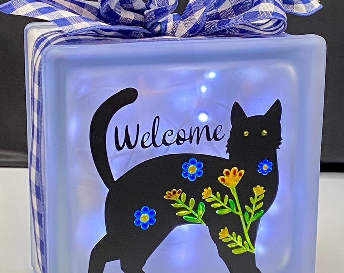 Hand Painted Faux Stained Glass Silhouette Cat With Spring Flowers ...