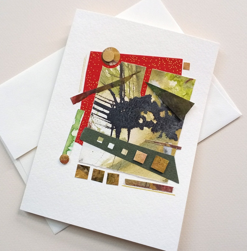 Abstract Collage Card, Red, Green, and Gold, Handmade Art - Etsy