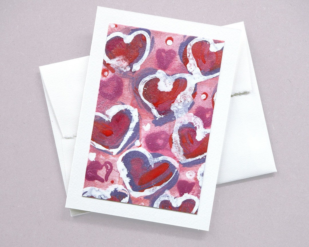 Painted Greeting Card Hearts & Hearts Acrylic Ink on Paper / 4 X 6 Inch ...