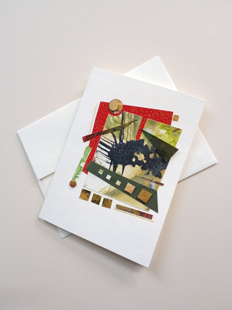 Abstract Collage Card, Red, Green, and Gold, Handmade Art - Etsy