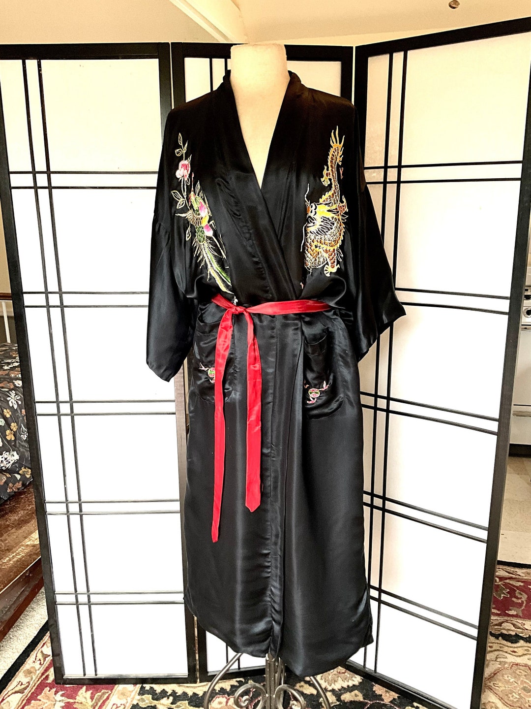 Vintage Black Satin Embroidered Chinese Dragon Robe - Etsy