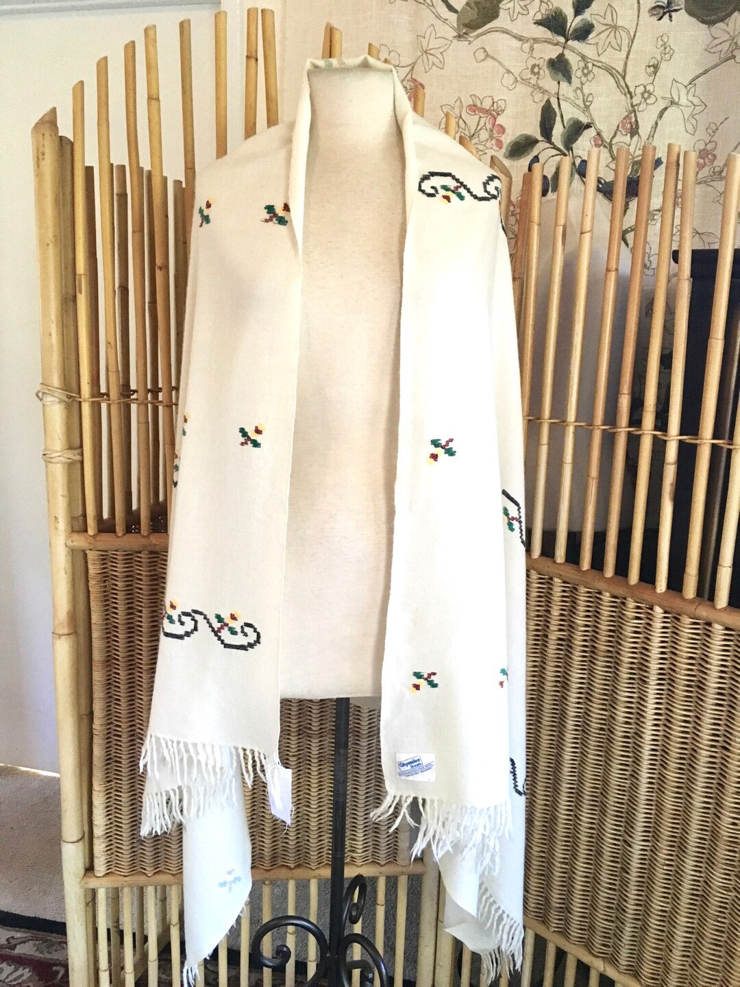 Vintage 70s Hand Embroidered Wool Shawl With Fringe - Etsy