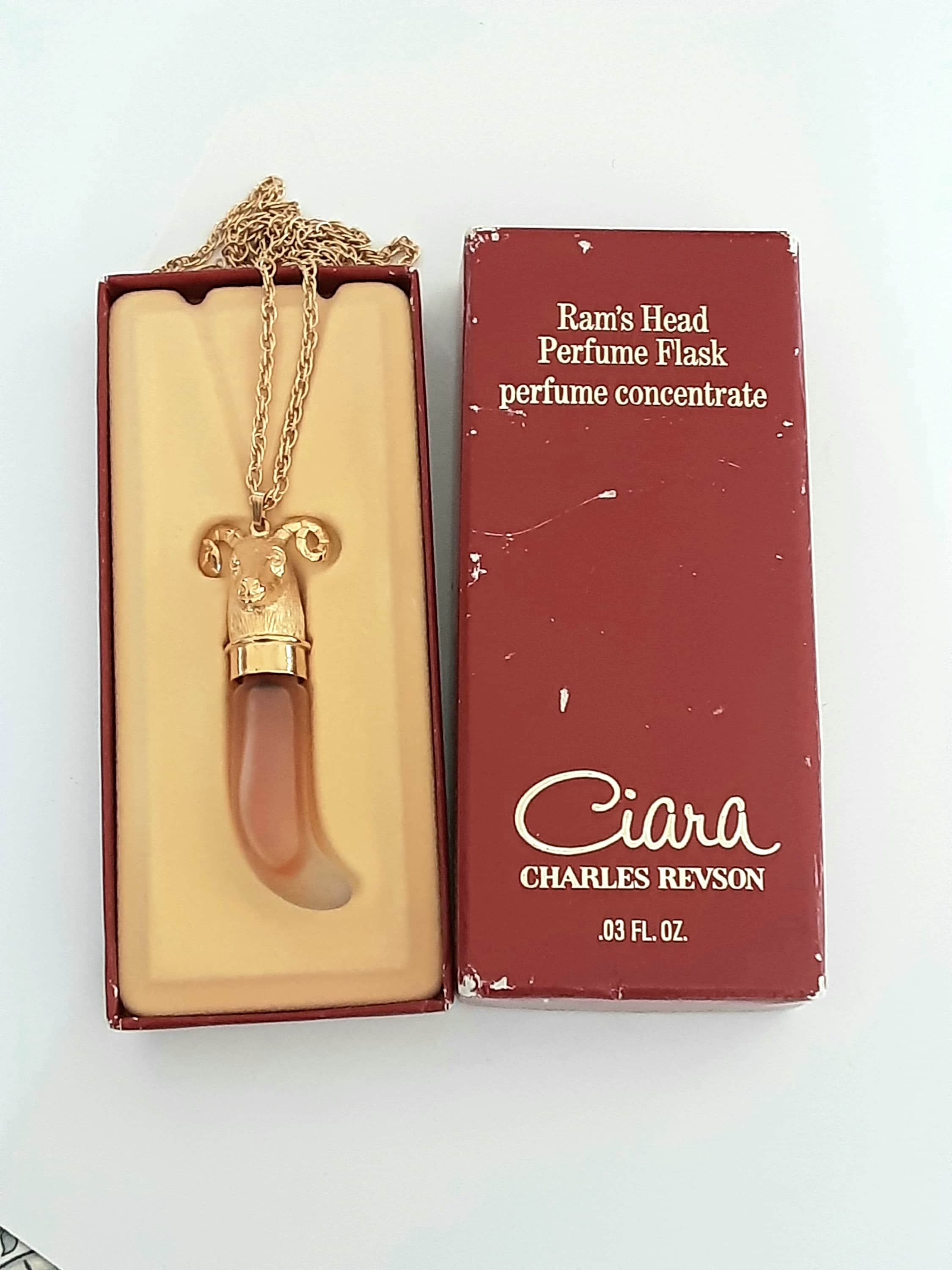 Vintage 70s Ciara Rams Head Perfume Flask Necklace Charles Revson ...