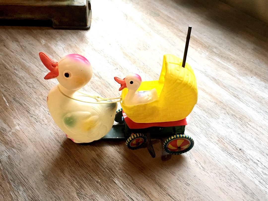 Vintage 50s Wind up Duck Toy Celluloid Duck With Baby Buggy Toy Made in ...