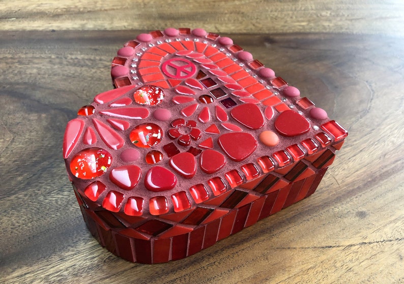Red Glass Mosaic Heart Shaped Box - Etsy