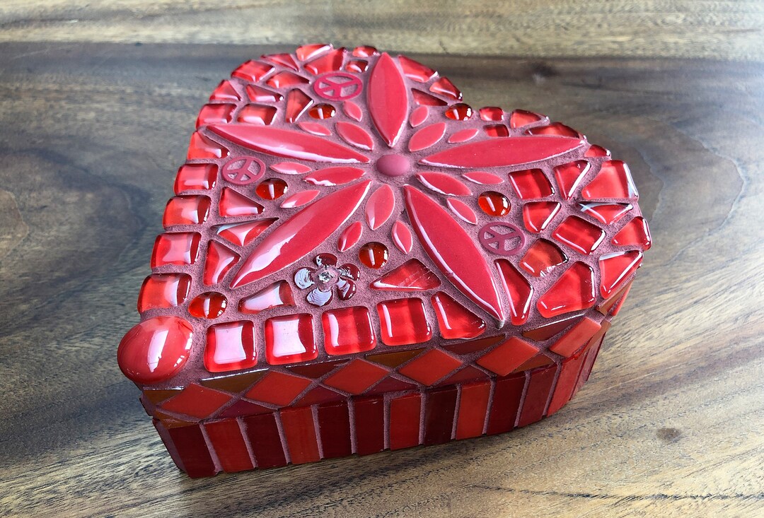 Red Glass Mosaic Heart Shaped Box - Etsy