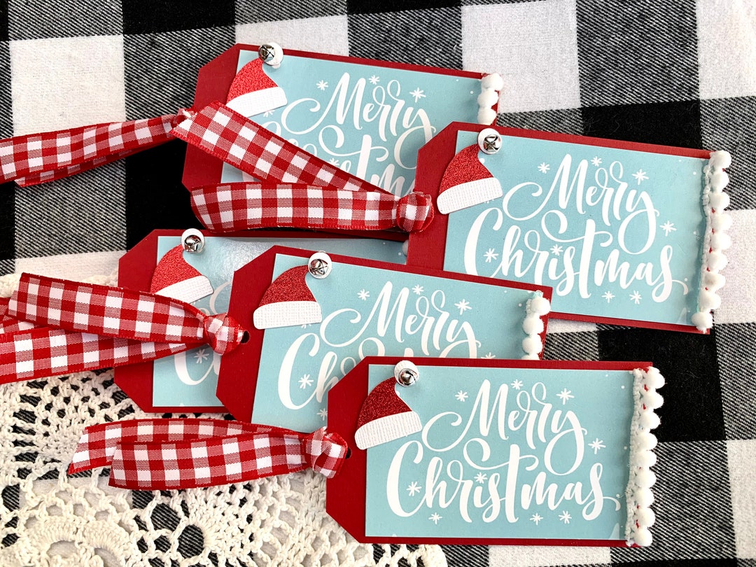 Christmas Tag Set of 5 “merry Christmas” in Aqua and Red - Etsy