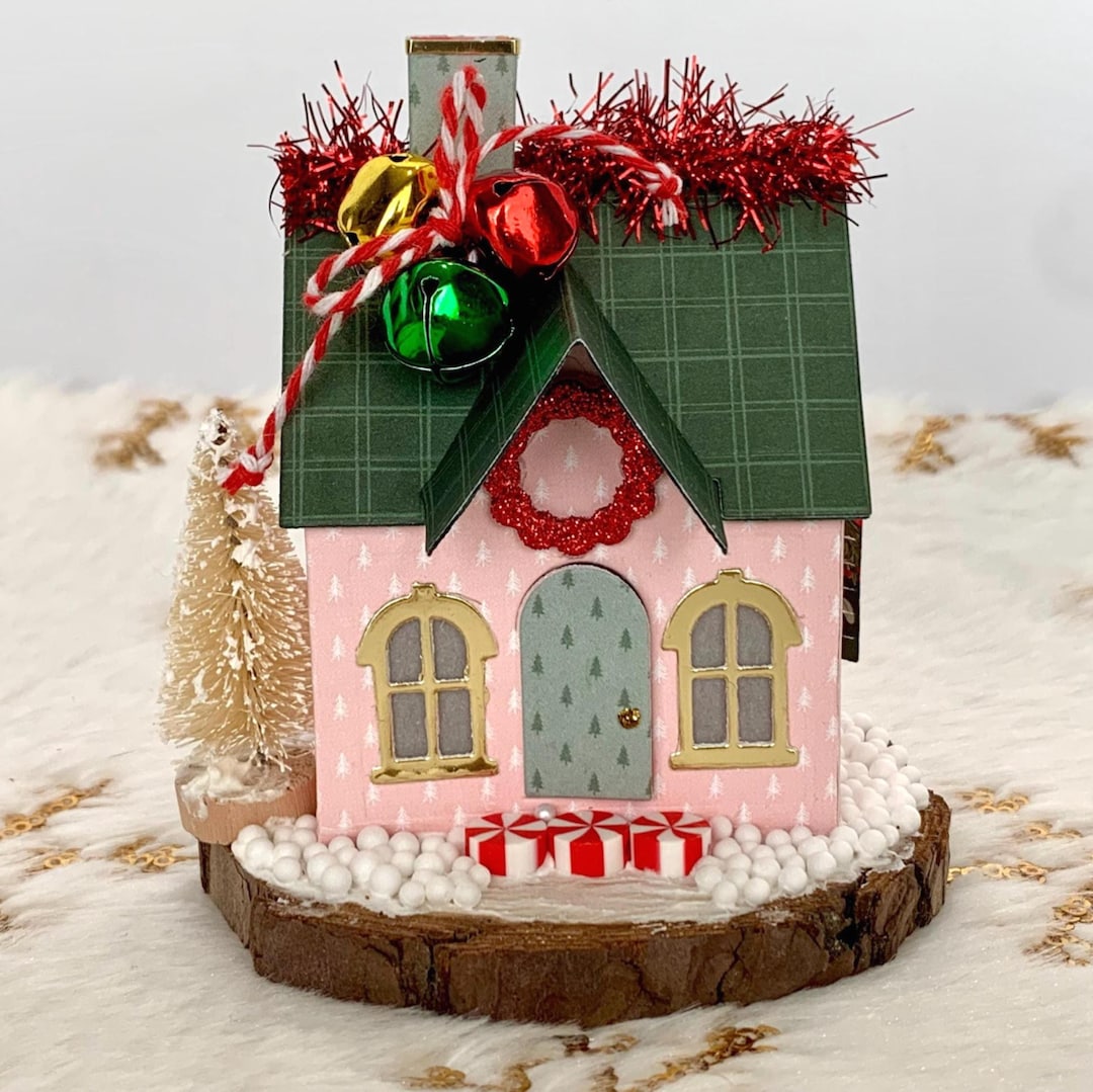 Handmade Pink Christmas Putz House: Wood Slice Base, Tier Tray Decor - Etsy