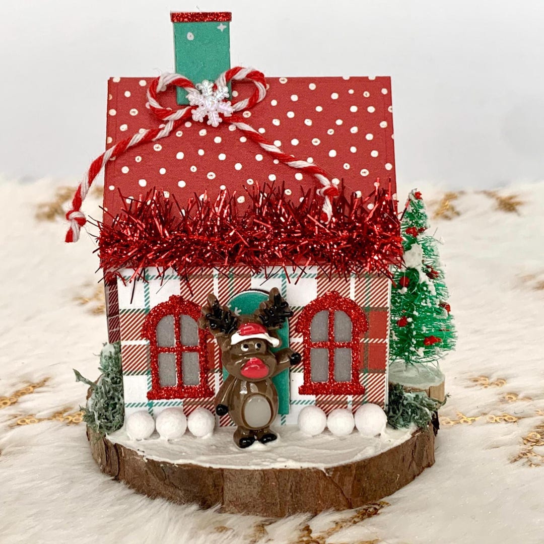 Handmade Christmas Putz House: Mini Paper House, Wood Slice Base - Etsy