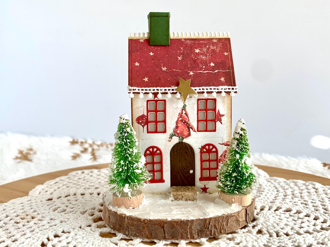 Handmade Christmas Putz House: Primitive Santa, Wood Slice Base, Tier ...