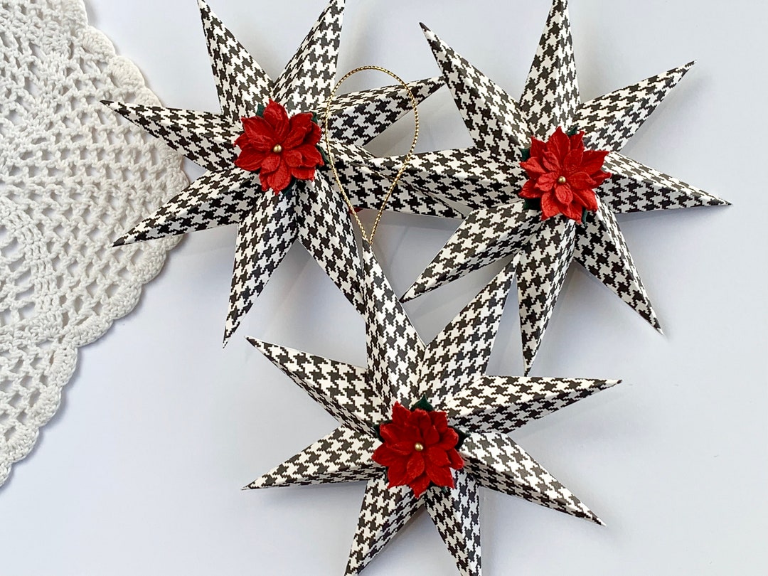 Handmade Houndstooth Christmas Star Ornament Set: 3D Paper Decor - Etsy