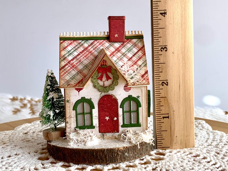 Handmade Plaid Christmas Putz House: Tiny Paper House on Wood Slice ...