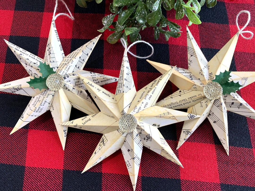 Handmade Christmas Star Ornament Set: Music Print Paper Decor - Etsy