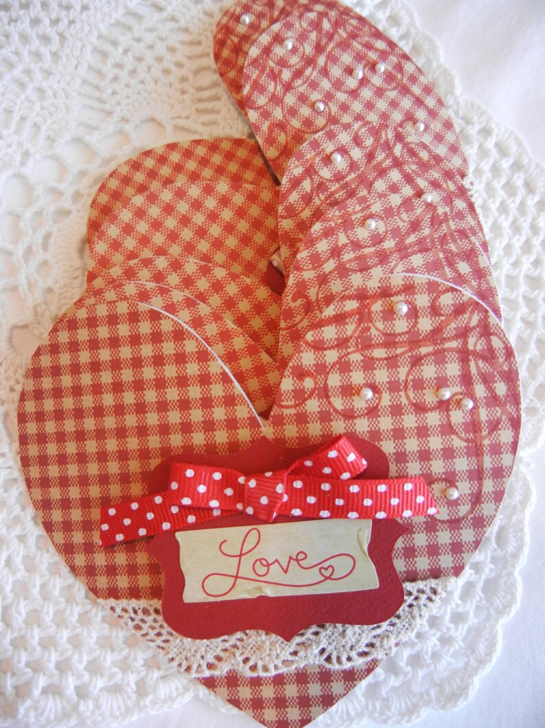 Handmade Valentine card set of 5 with red gingham paper and | Etsy
