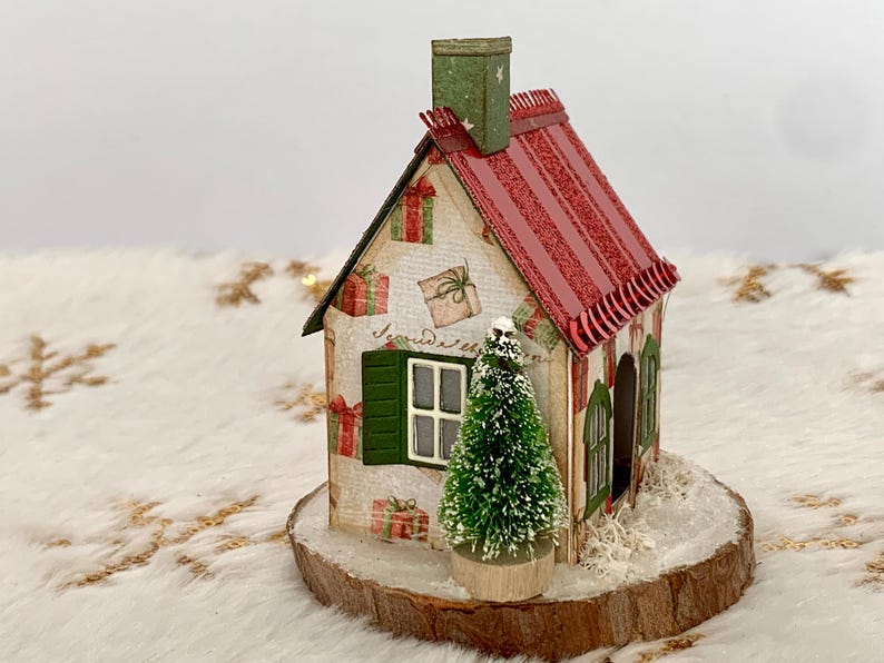 Handmade Christmas Putz House: Mini Paper House on Wood Slice - Etsy