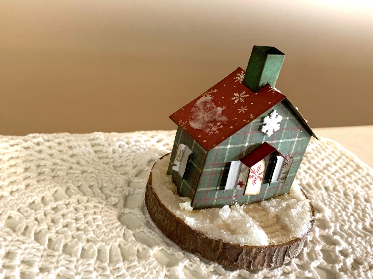 Handmade Christmas Putz House Set: Paper Village on Wood Slice - Etsy