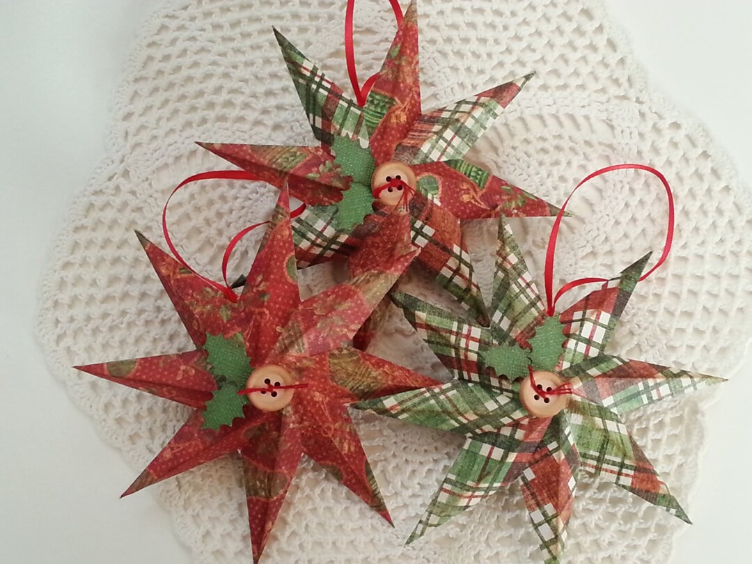 Handmade Christmas Star Ornament Set: Red & Green Plaid, Rustic 3D ...