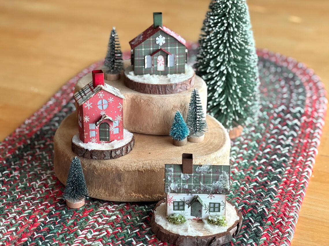 Handmade Christmas Putz House Set: Paper Village on Wood Slice - Etsy