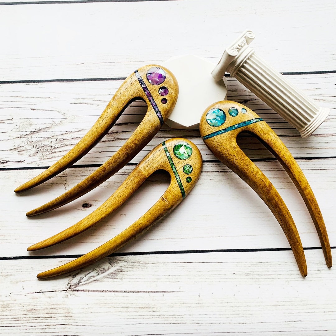 Wooden U-shaped Two Pronged Hair Fork, Handmade Hair Pin for Thick Hair ...